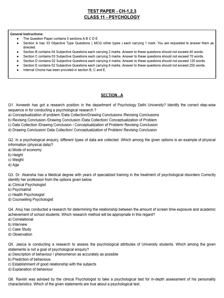 Class 11 Psychology Test Paper: Chapters 1-3 | PDF | Psychology ...