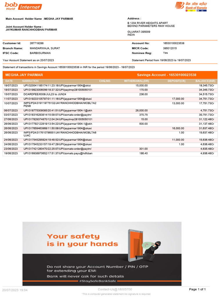 Savings Account - 16530100023538 Megha Jay Parmar: Address | PDF | Money | Applications Of ...