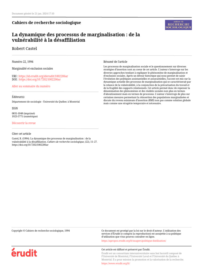 Castel 1994 - La Dynamique Des Processus de Marginalisation | PDF ...