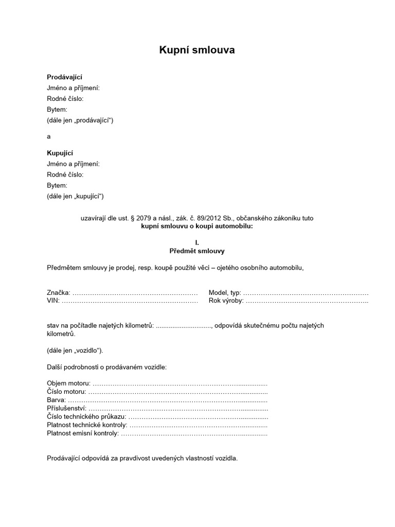 Kupní Smlouva Na Auto - 2024 | PDF