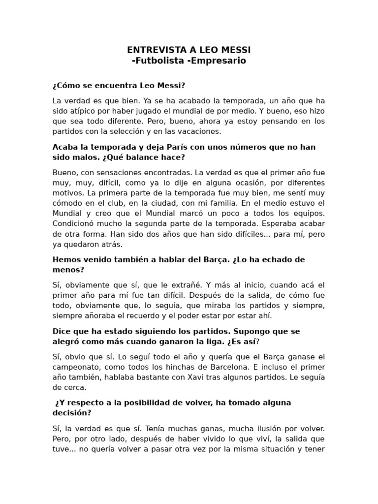 Entrevista A Leo Messi | PDF | Lionel Messi | FC Barcelona