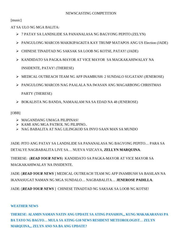 Newscasting Competition Anchors Script | PDF