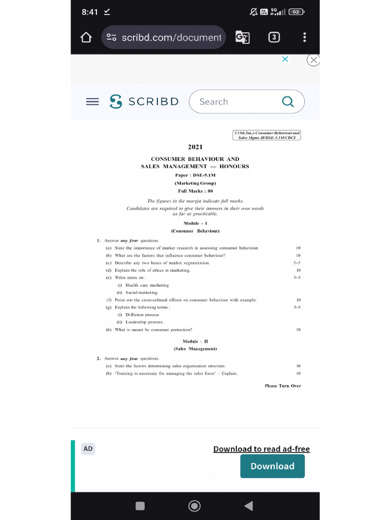 2021 Bcom Hons Consumer Behaviour and Sales Management | PDF