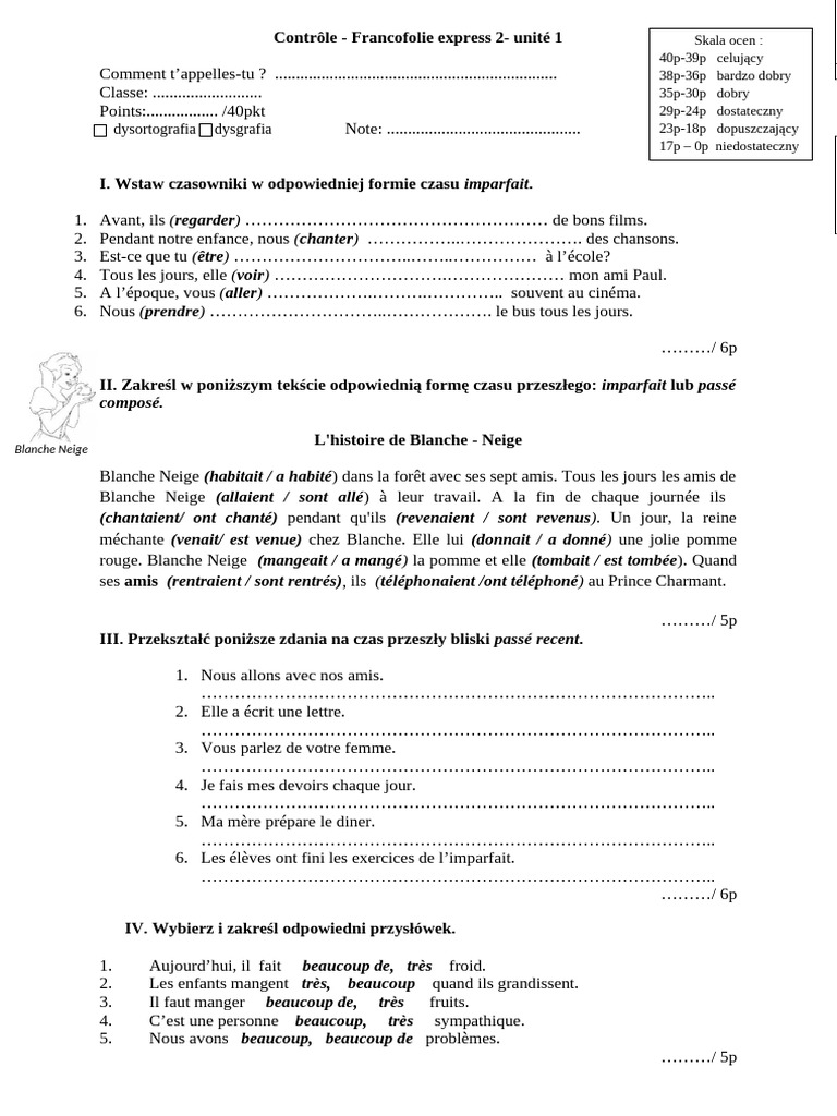 Sprawdzian_Francofolie 2_Unite 1_imparfait_passe compose_passe recent ...