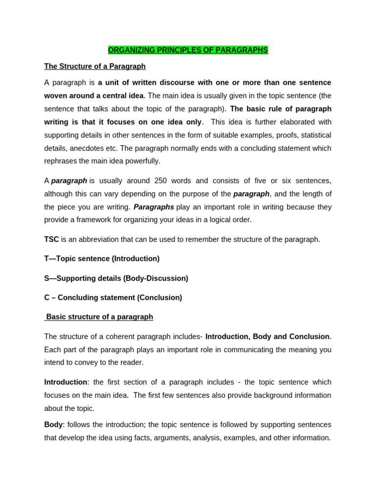 Organizing Principles of Paragraphs - Notes&QA | PDF | Paragraph ...