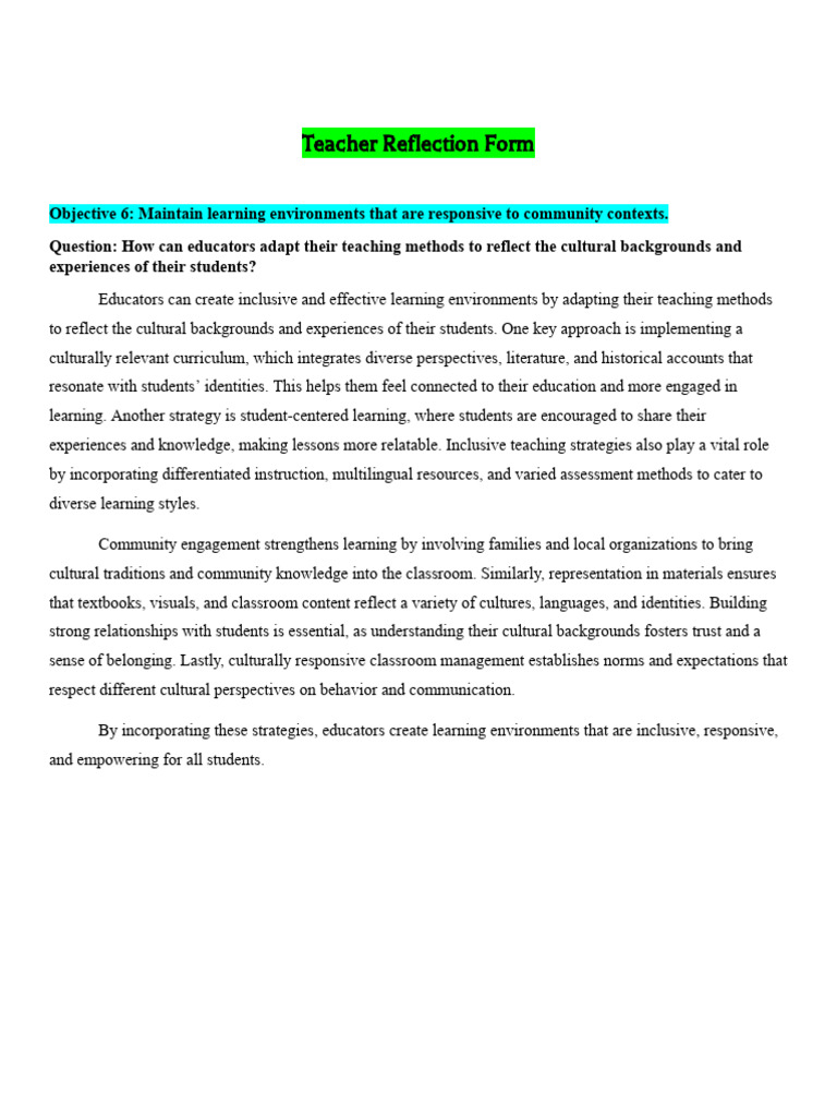 Teacher Reflection Form.docx | PDF | Teachers | Learning