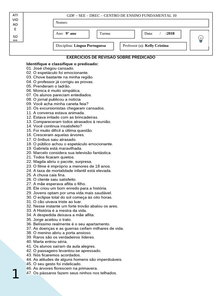 atividade de revisao sobre predicado | PDF