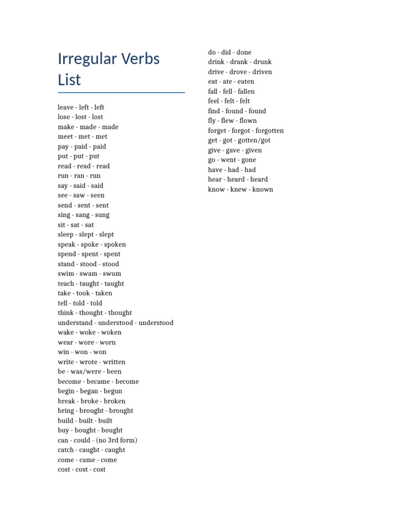 Irregular Verbs List Two Columns | PDF