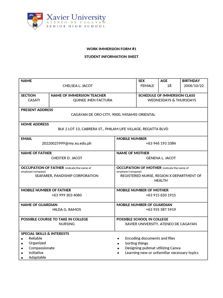 FORM 1 Student Information Sheet | PDF