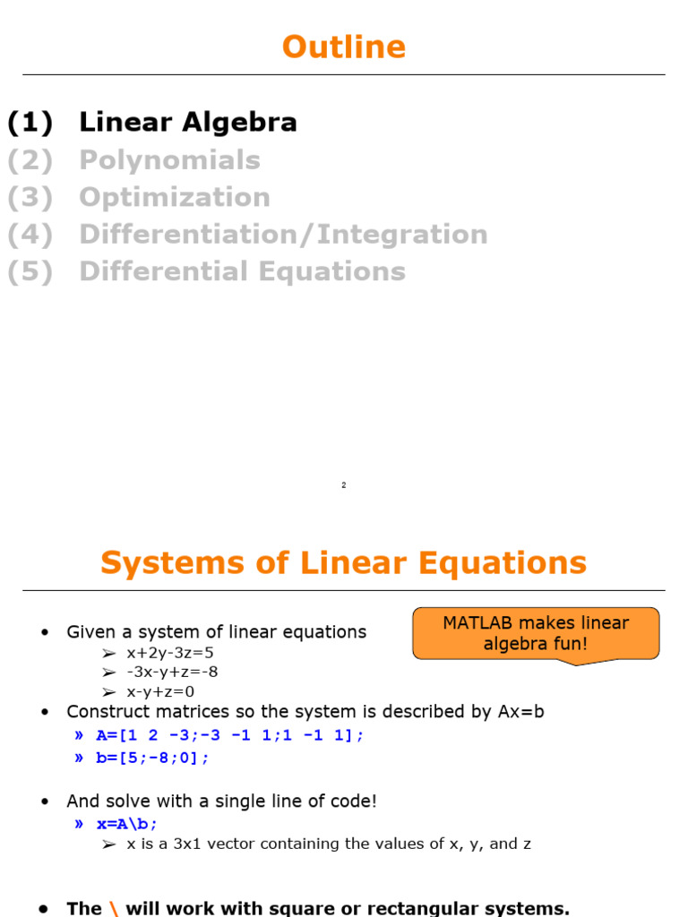 MATLAB Guide: Linear Algebra & Polynomials | PDF | Matrix (Mathematics ...