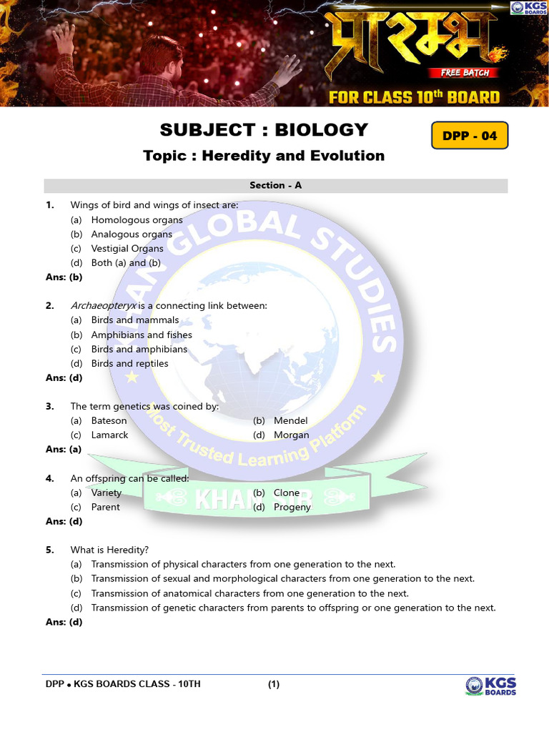 Heredity and Evolution DPP - 9798170756 | PDF | Heredity | Genetics
