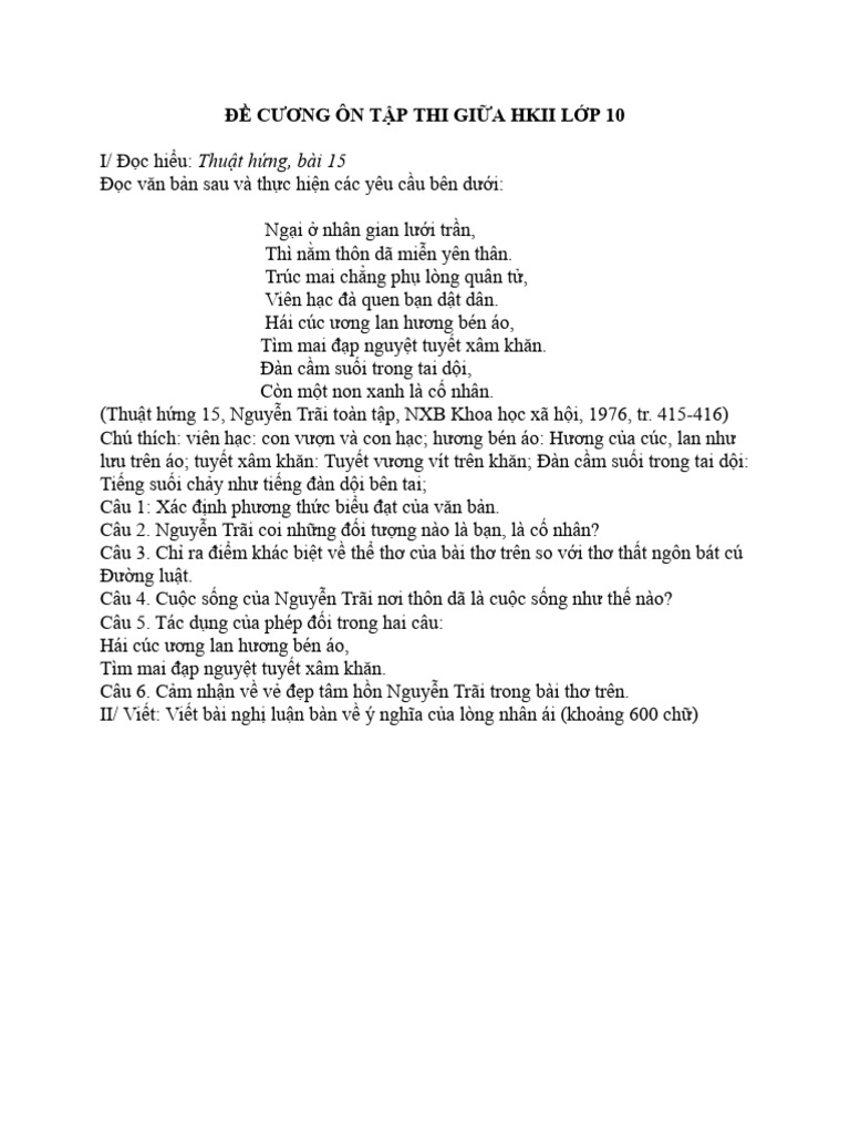 ĐỀ CƯƠNG GIỮA HKII LỚP 10 | PDF