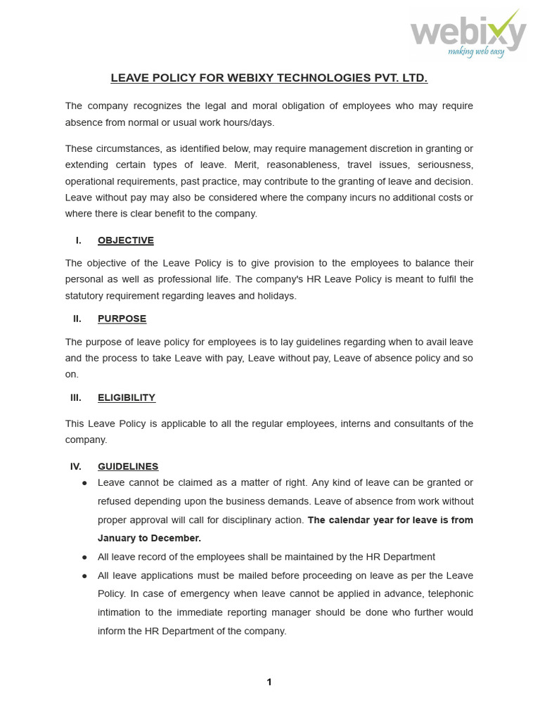Leave Policy, Attendance Policy, Late Policy and Remote Work Policy For Webixy Technologies PVT ...