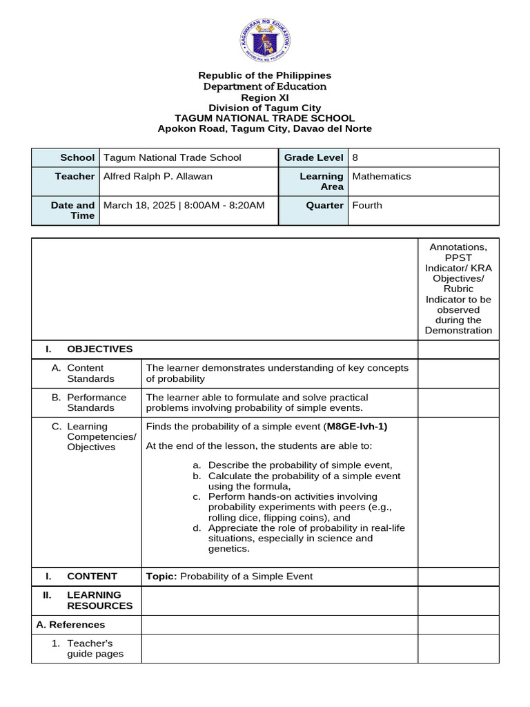 GRADE 8 DLP - DO. 42 - S. 2016 | PDF | Probability | Teachers