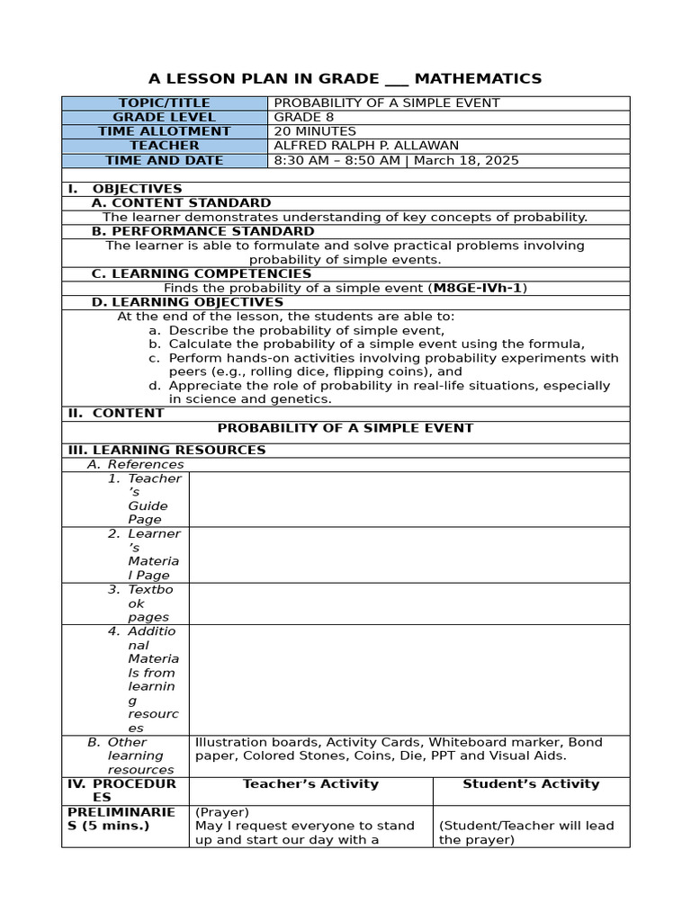 Detailed Lesson Plane Grade 8 - Deped Demo Teaching | PDF | Probability ...