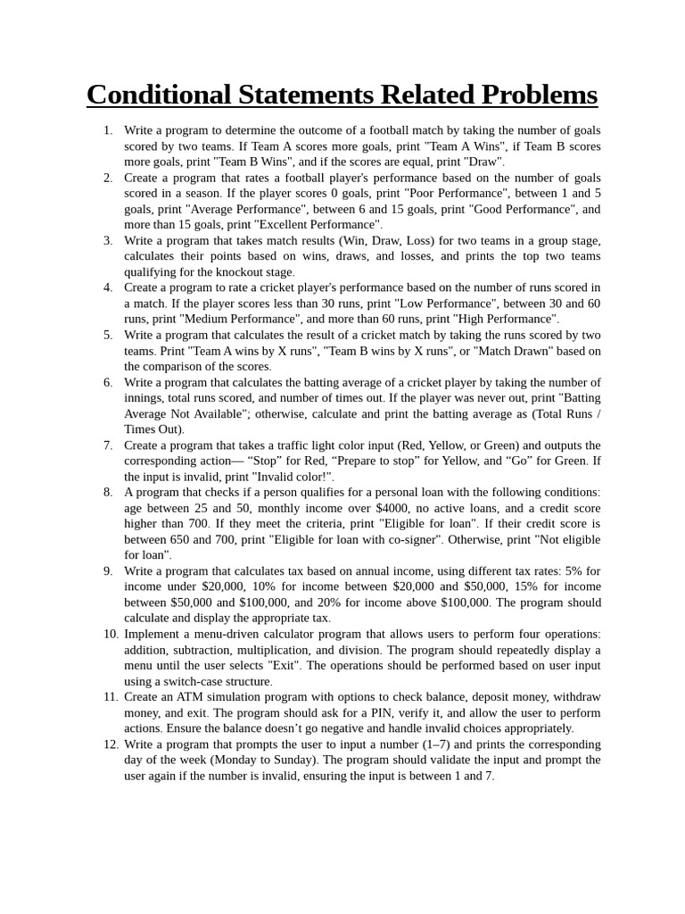 Conditional Statements Homeworks | PDF | Cricket