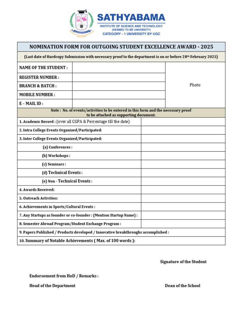 OUTGOING STUDENT EXCELLENCE FORM - 2024-25 | PDF
