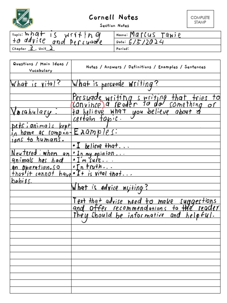 Cornell Notetaking System Template 2 | PDF