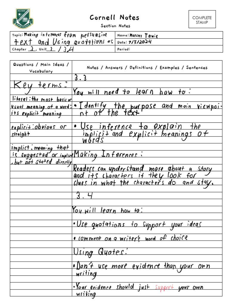 Cornell Notetaking System Template 3 | PDF