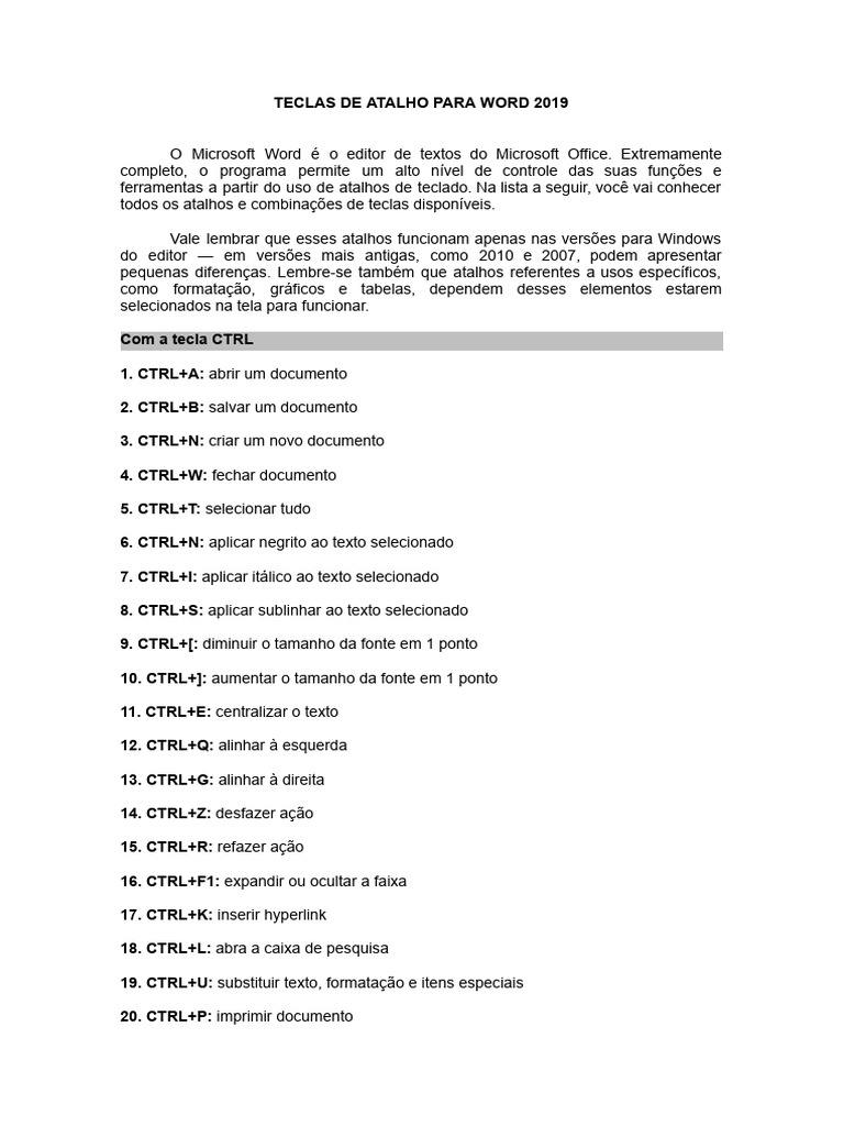 Atalhos de Teclado para Word 2019 | PDF | Janela (informática) | Microsoft