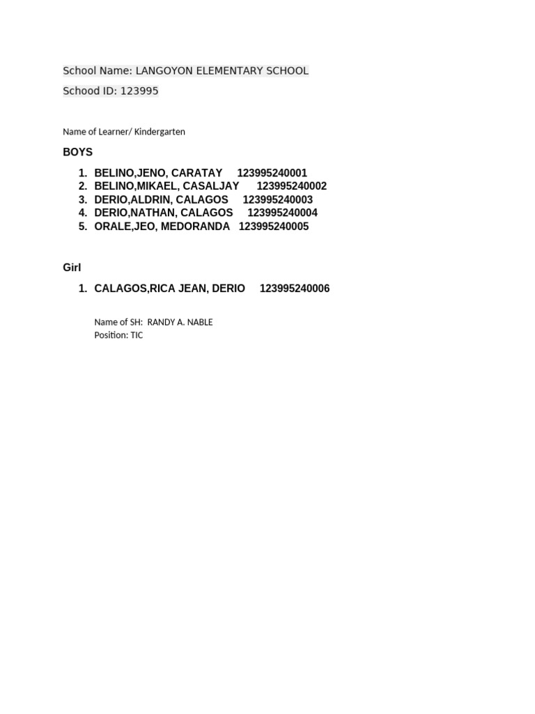 Langoyon Elementary School Learners List | PDF