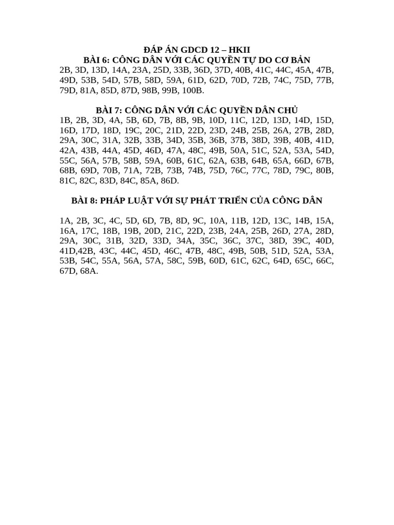 Đáp Án GDCD 12 - Bài 6, 7, 8 | PDF
