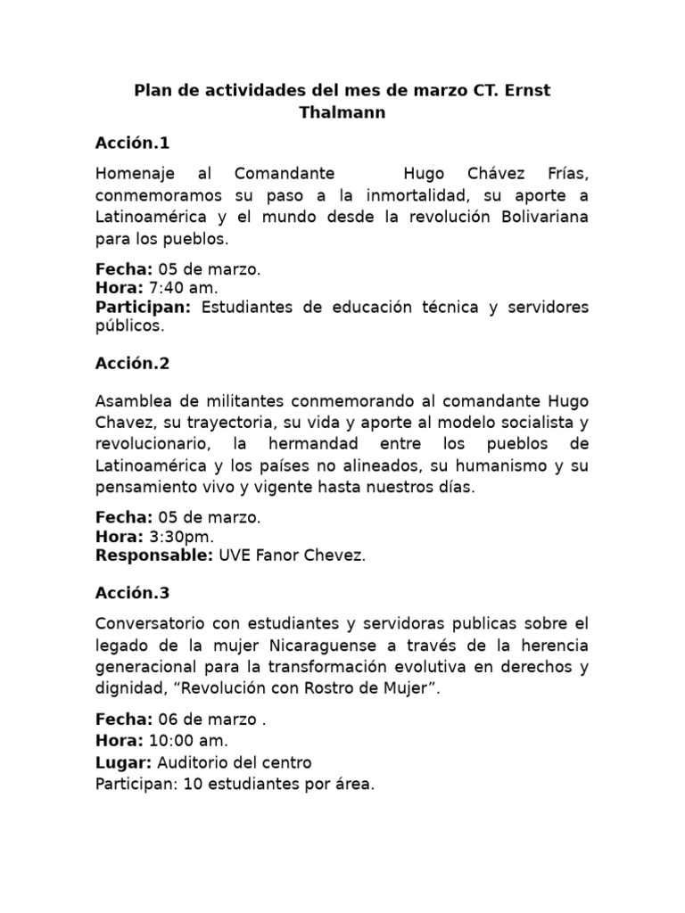 Plan de Actividades Del Mes de Marzo | PDF