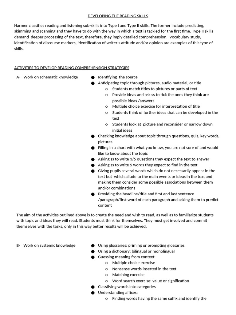 Harmer Classification of Reading Subskills 2 | PDF | Reading ...