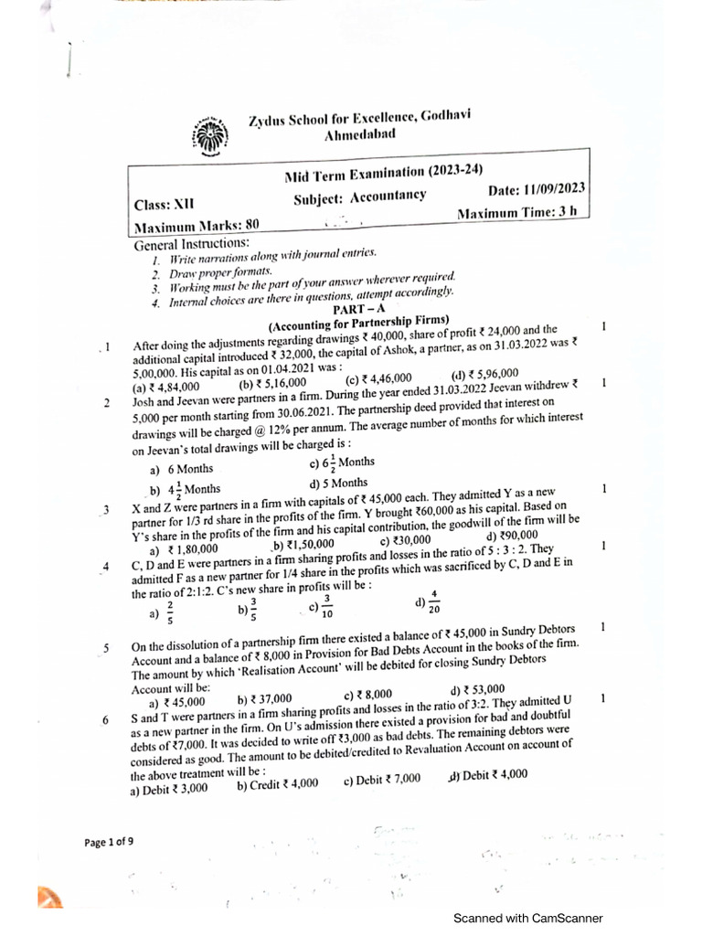 12TH CB Zydus Accs Half Yearly Paper 23-24 | PDF