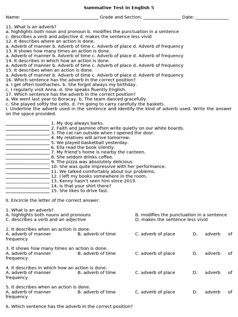 English 5 - Summative Test | PDF | Adverb | Verb