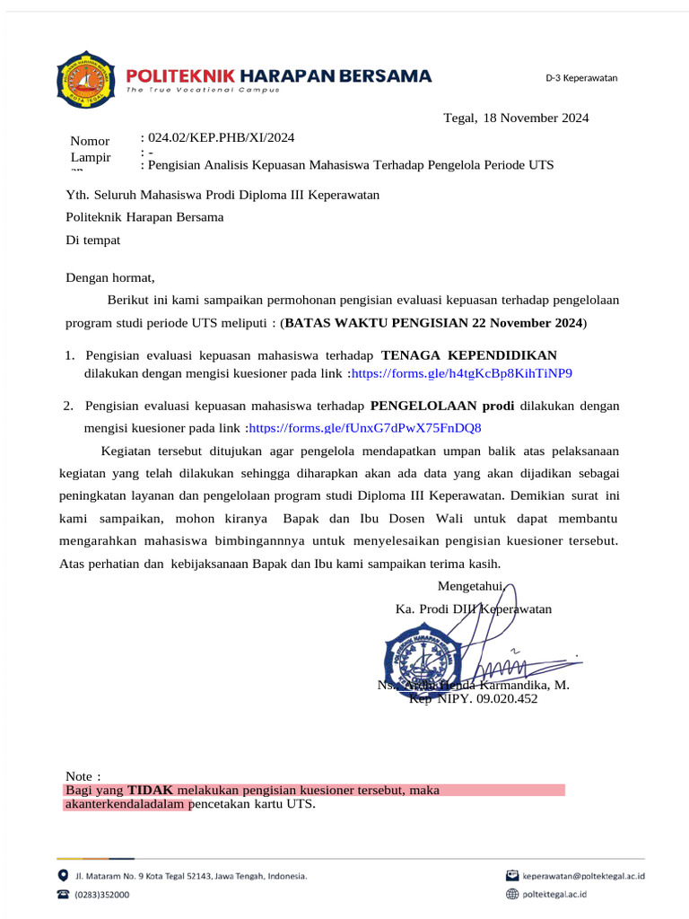 Evaluasi Kepuasan Mahasiswa UTS D-3 Keperawatan | PDF