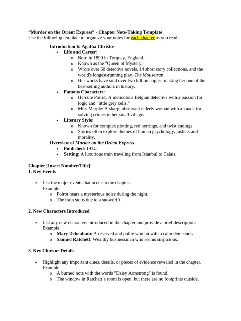 Murder On The Orient Express - Note-Taking Template | PDF | Crime ...