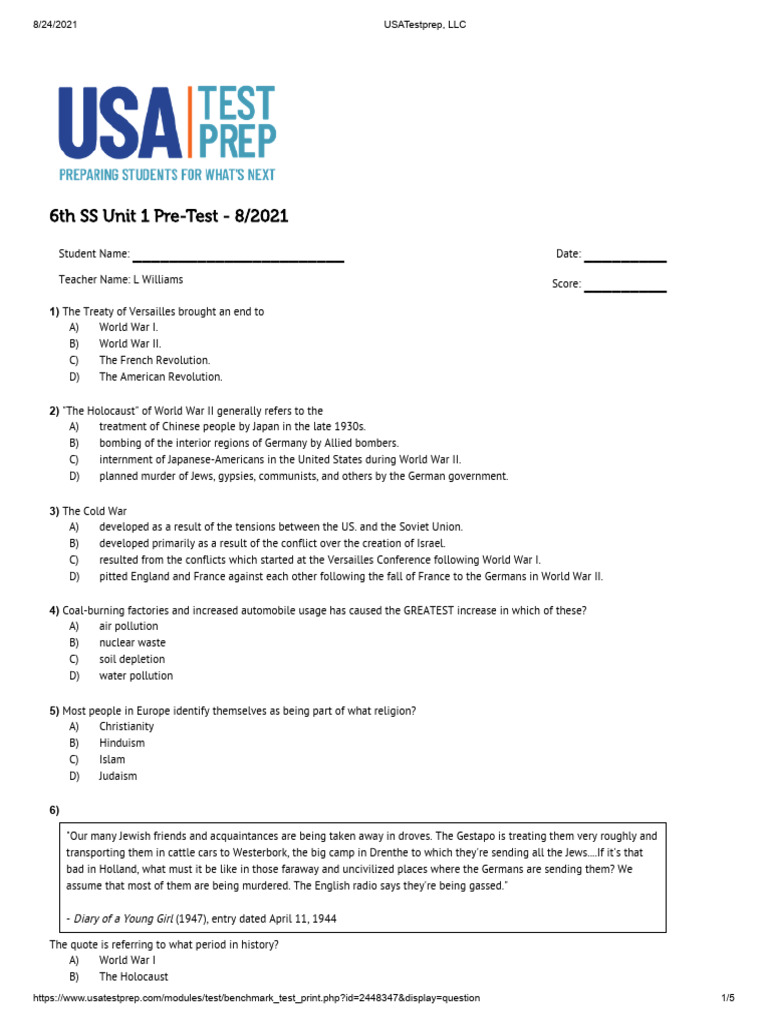 Clifford Barner - USATestprep_PreTest_Unit1 | PDF | World War II | Nazi ...