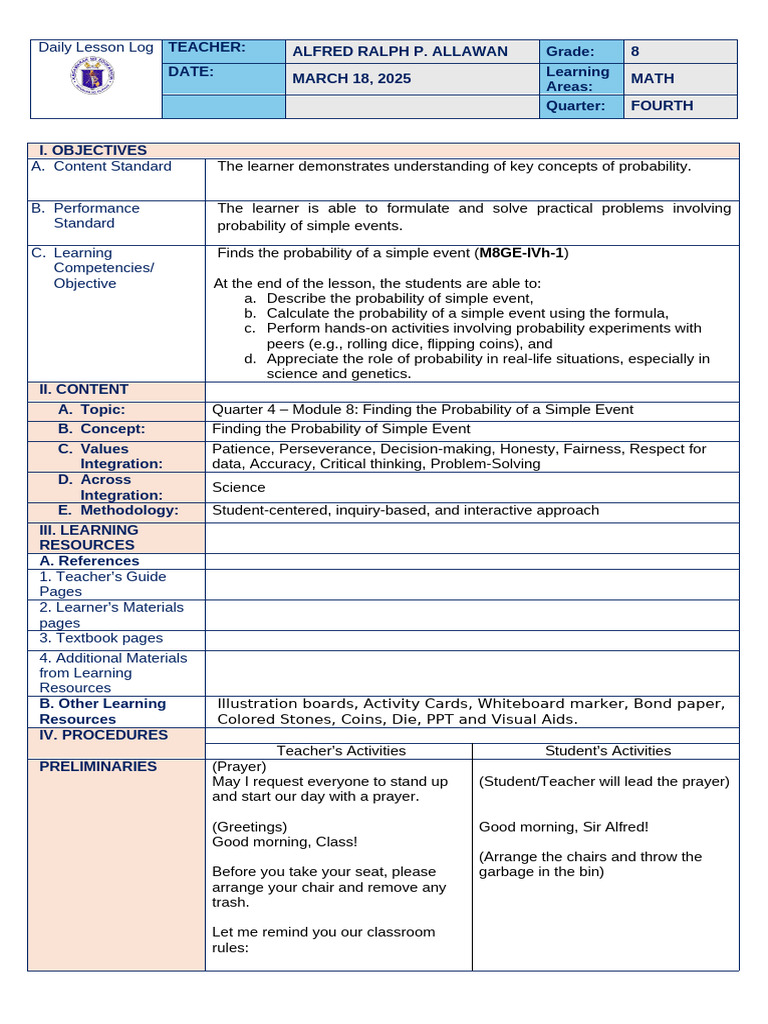 DLP - GRADE - MATH-Probability of Simple Event | PDF | Probability | Odds
