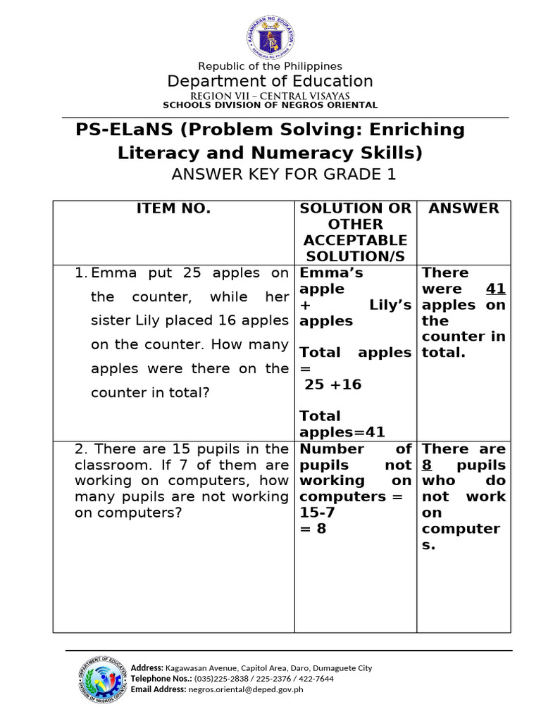 Grade 1 Math Answer Key Guide | PDF