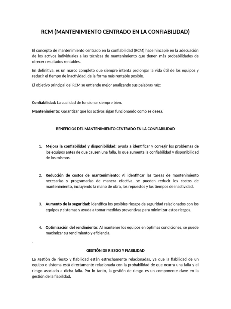 RCM (Mantenimiento Centrado en La Confiabilidad) | PDF | Ingeniería de confiabilidad