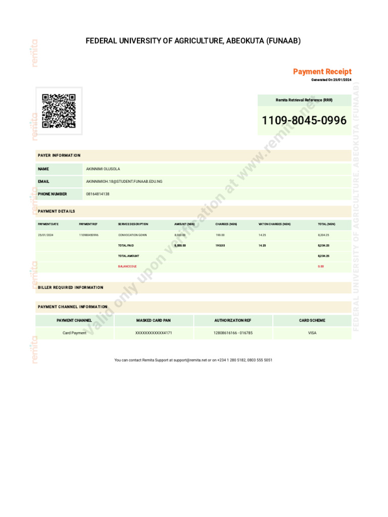 FUNAAB Convocation Gown Payment Receipt | PDF | Payments | Services ...