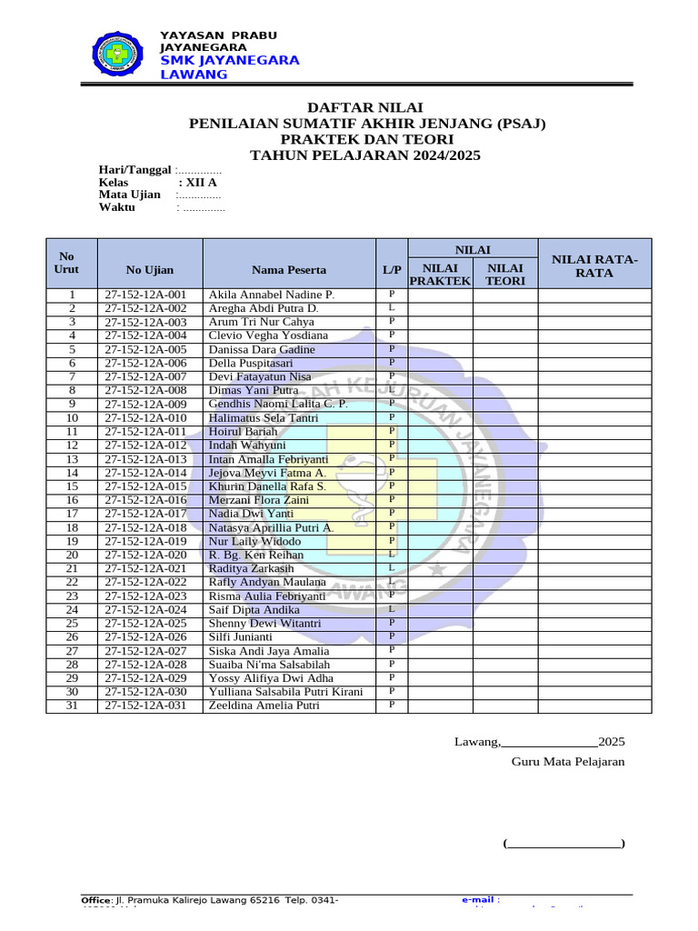 Daftar Nilai Psaj Praktek Dan Teori 2025 | PDF