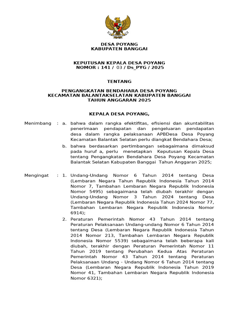 Pengangkatan Bendahara Desa Poyang 2025 | PDF