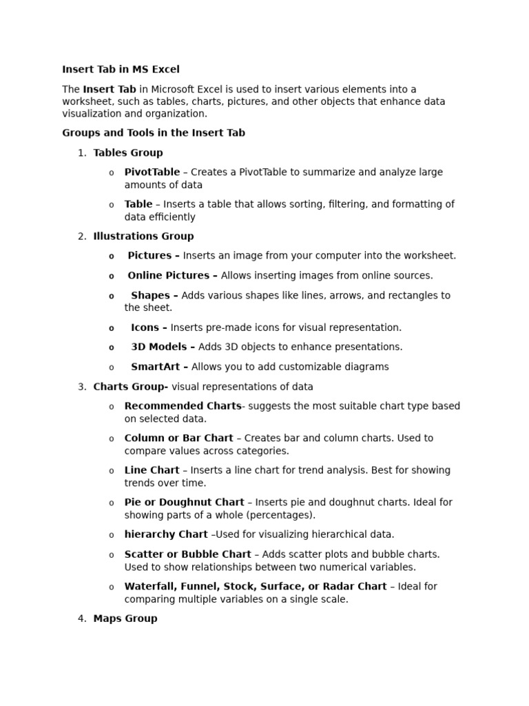 Overview of Excel's Insert Tab Functions | PDF | Microsoft Excel | Pie ...