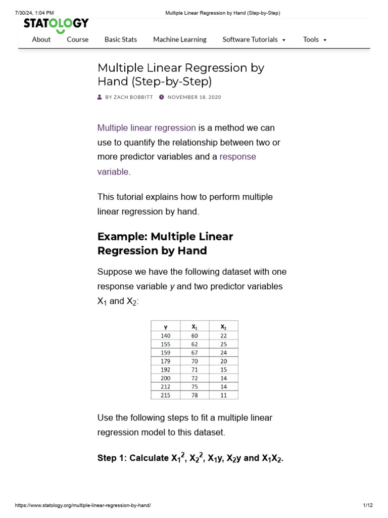 Multiple Linear Regression by Hand (Step-by-Step) | PDF | Linear ...
