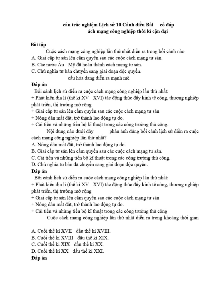 19 Cau Trac Nghiem Lich Su 10 Canh Dieu Bai 8 Co Dap An 2023 Cach Mang Cong Nghiep Thoi Ki Can ...