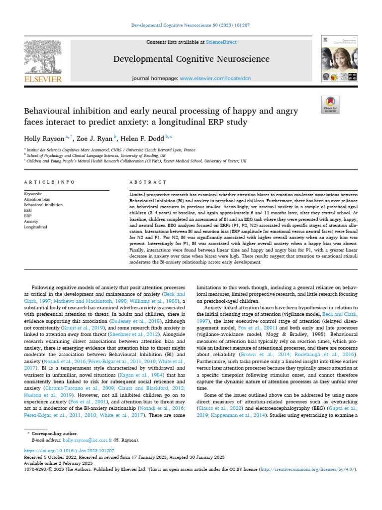 Behavioural Inhibition and Early Neural Processing of H - 2023 ...