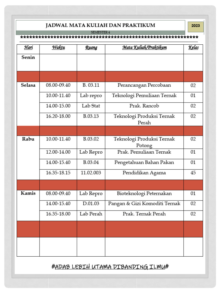 Jadwal Kuliah dan Praktikum Semester 4 | PDF