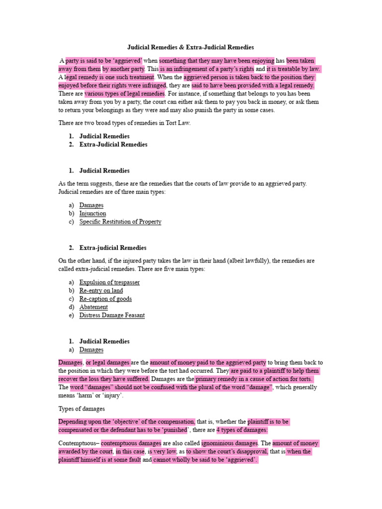 Judicial and Extra-Judicial Remedies | PDF | Damages | Legal Remedy