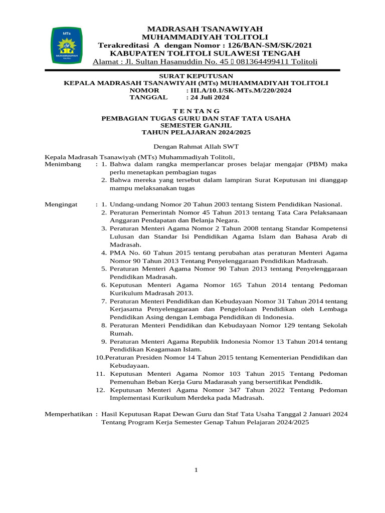 Edit SK Pembagian Tugas Sems. Ganjil 2024-2025 | PDF