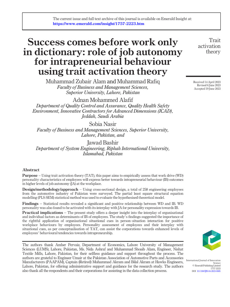 Alam2023 RoleofJobAutonomyforIntarpreneurialBehaviours | PDF | Sampling (Statistics) | Factor ...