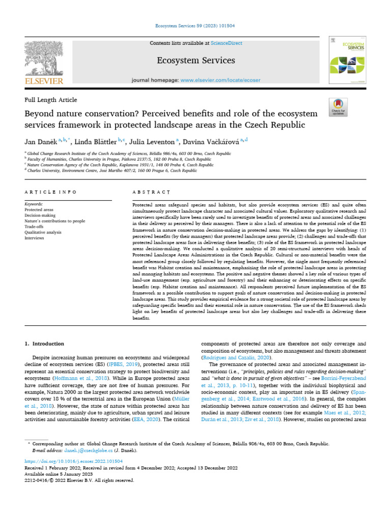 Beyond Nature Conservation Perceived Benefits And Role Of The Ecosystem Services Framework In