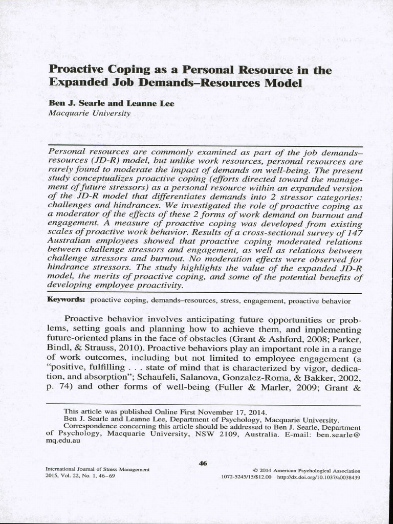 Proactive Coping As A Personal Resource in The Expanded Job Demands ...