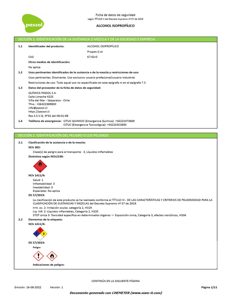Ficha de Datos de Seguridad de ALCOHOL ISOPROPÍLICO (IPA) | PDF | Combustión | Agua